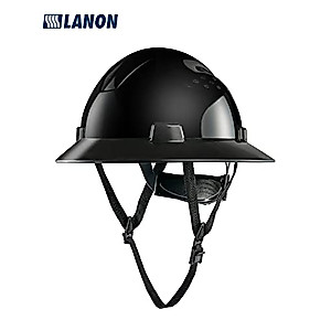 LANON Black Full Brim Hard Hat, OSHA Construction Work Approved, HDPE Safety Helmet with 4 Point Adjustable Ratchet Suspension, Class E, G & C