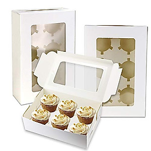 Pralb 20Pack White Cupcake Boxes with Inserts 6 Holders,White Standard Bakery Boxes with Pvc Window,Cupcake Containers Bakery Cake Box,Auto-Popup Cupcake Containers Carriers Bakery Cake Box(9x6x3inch)