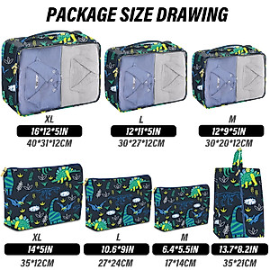 BHAHB Packing Cubes for Kids 7 Set Travel Luggage Organizers for Suitcase Travel Accessories with Shoe Bag for Women Girls Cute Aesthetic Art-Green Dinosaur