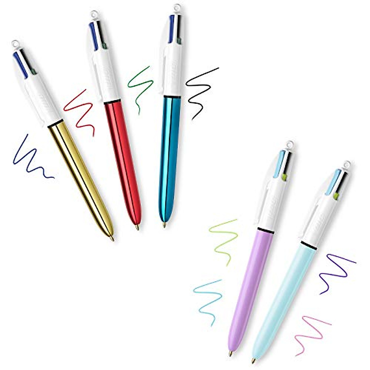 BIC 4 Colours Pens In A Special Metal Tin of 5 Pens, Includes mix of Shine and Bright Barrel Coloured Ink,Black, red, blue, green