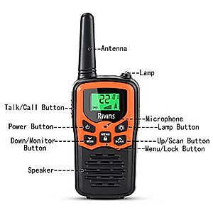 Walkie Talkies RV-7 with 22 FRS Channels, Rivins Walkie Talkies Long Range for Adults with LED Flashlight VOX Scan LCD Display, Handheld Walkie Talkie for Hiking Camping Trip (Orange 4 Pack)