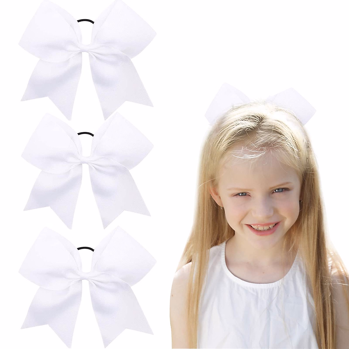Oaoleer 8inch Jumbo Large Cheer Bows Ponytail Holder Elastic Band Handmade Boutique Hair Accessories for Cheerleading Teen Girls College Women Sports (1PCS, White)