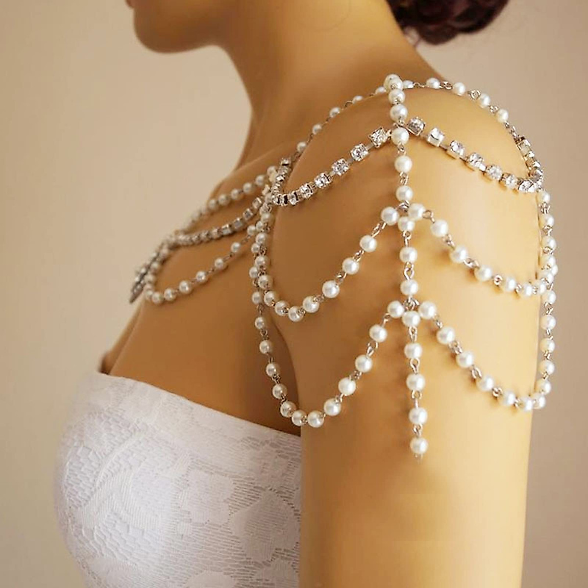 HLONGG Baidicheng Crystal Shoulder Chain Bridal Luxury Rhinestone Wedding Shawl Prom Shawl Party Beaded Shrug Gorgeous Body Chain, White,White