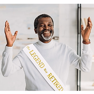 The Legend Has Retired Sash – Elegant White and Gold Foil Legendary Sash for Both Women and Men & a Large Gold Safety Pin. Perfect for Retirement Parties by JPACO