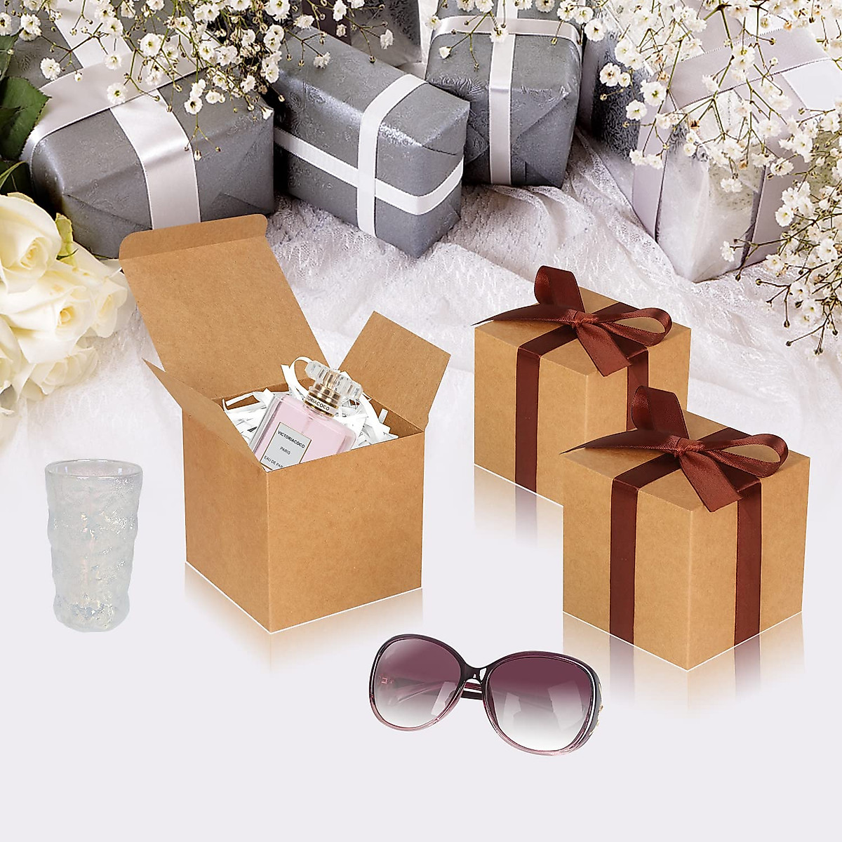 DOYIDE Brown Gift Boxes 5x5x5, 30 Pack Paper Gift Boxes with Lids for Gift, Bridesmaid Proposal Box, Cupcake Boxes, Gift Box for Wedding, Birthday, Groomsmen Proposal, Gifts, Packaging, Present