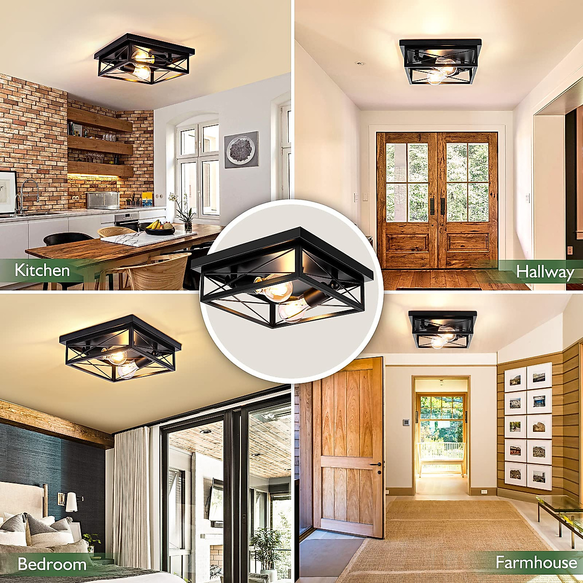 ONELEJA Black Rustic Flush Mount Ceiling Light Fixture, 2 lights Industrial Square Metal Cage Farmhouse Ceiling Light for Hallway Entryway Kitchen Bedroom Porch