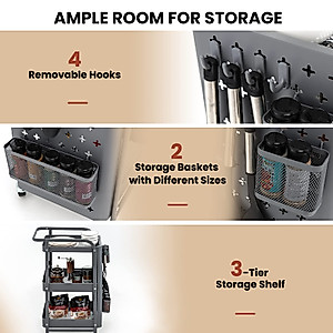 GOFLAME 3-Tier Rolling Cart, Storage Organizer Cart with DIY Dual Pegboards, 2 Baskets, 4 Removable Hooks, Mobile Metal Utility Cart on Wheels, Trolley Service Cart for Kitchen, Office, Garage (Grey)