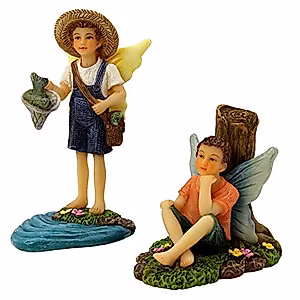 PRETMANNS Fairy Garden Fairy Figurines - Adorable Fishing Boy Garden Fairies - Small Fairies for Gardens - The Boy Fairies are Ideal Accessories for an Outdoor Miniature Garden - 2 Fairies