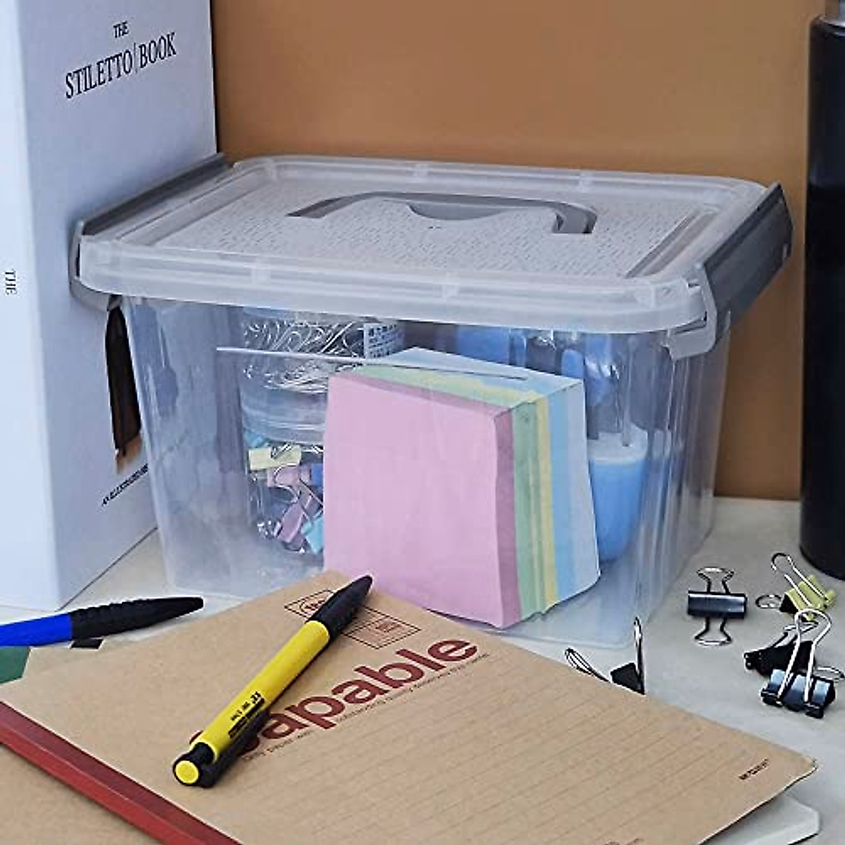 Vababa 6-Pack 3 L Clear Plastic Latch Storage Boxes with Gray Lids