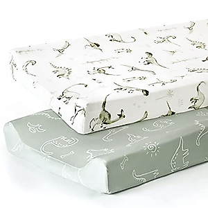 GRSSDER Stretch Ultra Soft Jersey Knit Changing Pad Cover Set 2 Pack, Change Table Pad Covers Fit 32"/34" x 16" Pads Safe and Snug, Pretty Pattern for Baby, Dinosaur