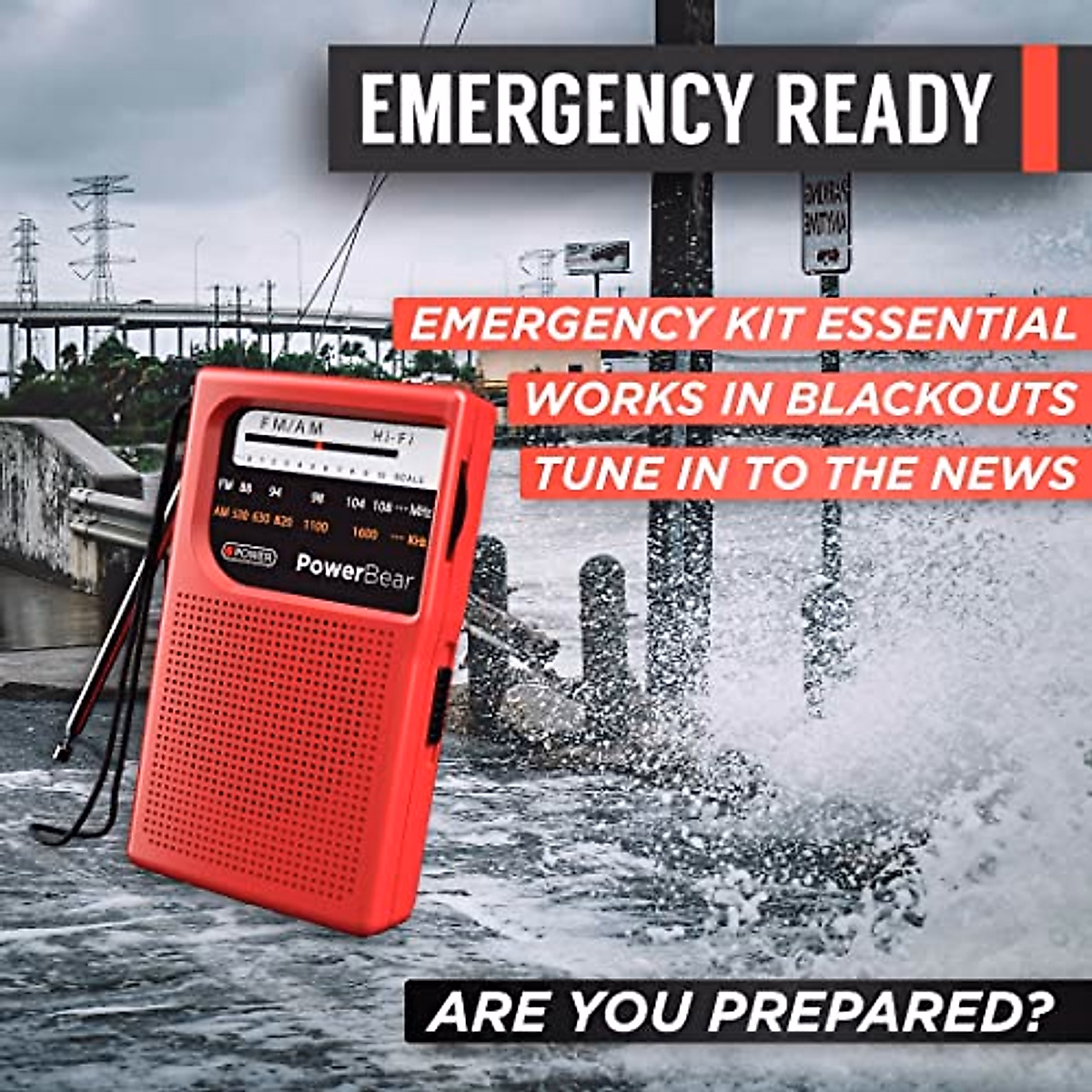 PowerBear Portable Radio | AM/FM, Battery Operated, Long Range (Black,Red)