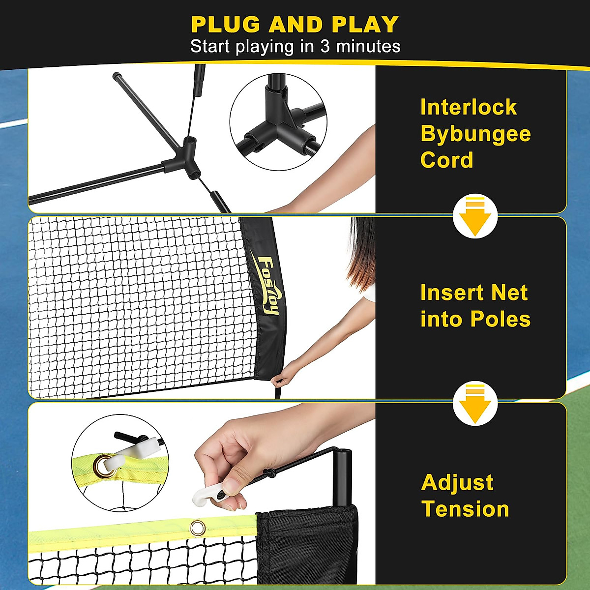 Fostoy Pickleball Set with Net, 17FT Portable Pickleball Net, 36-61in Adjusts All in one Pickleball Badminton Net Set with Pickleball Paddles and Badminton Rackets for All-Weather for Indoor Outdoor