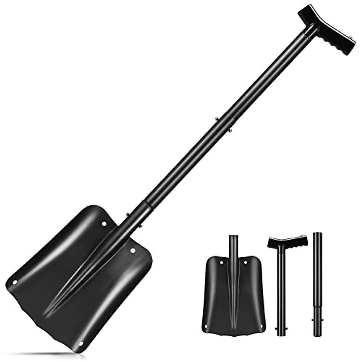 Pawsdot Snow Shovel, 36.2" Retractable Large Capacity Snow Shovel 3 Piece Aluminum Lightweight Portable Metal Snow Shovel for Car Driveway Trunk Camping Garden Beach Snow Removal, Black