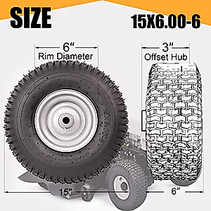 15x6.00-6 lawn mower tires,4 Ply Tubeless Front Tire Assembly Replacement for Craftsman Mower,570lbs Capacity,3"offset hub,3/4"Bushing, for More Lawn &Garden Riding Mower (2 Pack)