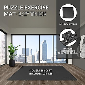 Signature Fitness Puzzle Exercise Mat with EVA Foam Interlocking Tiles, Black, 1/2” Thick, 12 Tiles, 48 Sq Ft