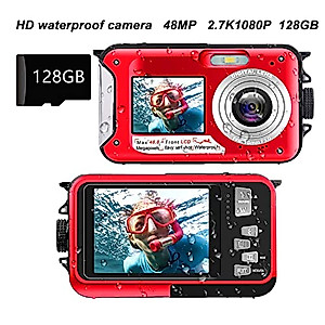 Digital Camera, FHD 2.7K 48MP Vlogging Camera with 16X Digital Zoom, Dual LCD Screen Rechargeable Battery, Waterproof Compact Kids Camera for Adults, Kids, Student, Teens (Red)