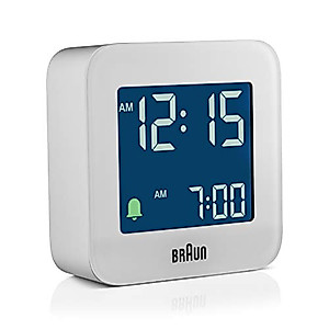 Braun Digital Travel Alarm Clock with Snooze, Compact Size, Negative LCD Display, Quick Set,Crescendo Beep Alarm in White, Model BC08W.