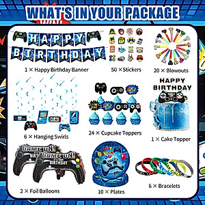 240Pcs Video Game Birthday Party Supplies, Video Game Birthday Party Decorations Include Banners, Cake & Cupcake Topper, Swirls, Backdrop, Tablewares, Balloons and Stickers (10 Guests)