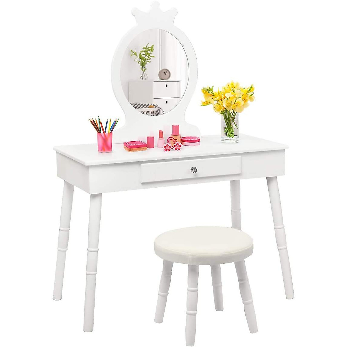 Costzon Kids Vanity Set, Wooden Princess Makeup Table with Cushioned Stool, Large Drawer, Solid Wooden Legs and Crown Mirror, Pretend Beauty Make Up Dressing Play Set for Girls Best Gift (White)