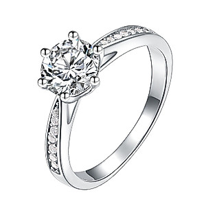 Moissanite Rings for Women，Six Prong Solitaire Moissanite Engagement Ring,Classic 2CT D Color VVS1 Clarity Round Cut Solitaire Engagement Ring for Women, 925 Sterling Silver in 18K White Gold plated with Certificate of Authenticity