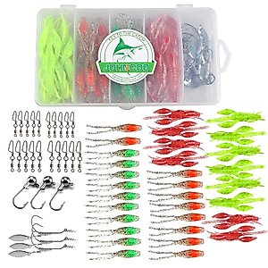 JOHNCOO Soft Lures Fishing Tackle Set Swimbaits Lures Kit Paddle Tails Craw Baits Curved Tail Grubs Weighted Hooks Swivels Fishing Accessories for Bass Pike Trout in Freshwater or Saltwater