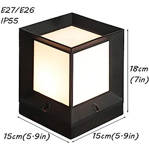 Post Light Outdoor Pillar Lamp, Classic Square Cube Modern Post Light IP55 Waterproof Rainproof Outdoor Pillar Lamp Black Aluminum Metal Patio Lights E27 Post Lantern for Garden Lawn Villa Door Fence