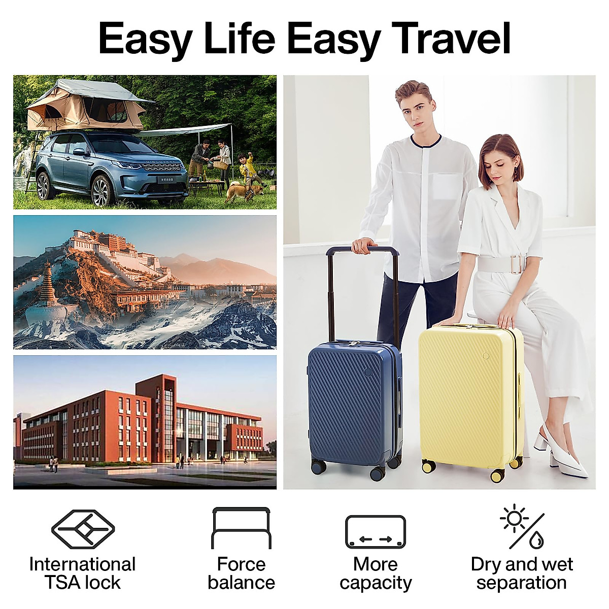 mixi Carry On Luggage Airline Approved 20'' Lightweight Luggage Wide Handle PC Hardshell Suitcases with Spinner Wheels & TSA Lock, Sapphire Blue