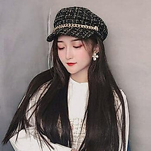 Women Plaid-Tweed Newsboy-Baker-Boy Hat Captain-Sailor Fisherman Hat Peaked-Beret with Chain Black