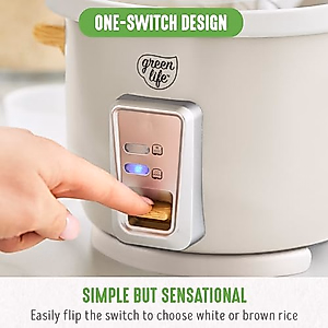 GreenLife 6-Cup Rice Cooker Steamer, PFAS Free Removable Ceramic Nonstick Pot, Auto Presets, Wood Print Handle, Keep Warm Function, One Touch Design, Dishwasher Safe, Measuring Cup, Rice Paddle, Cream