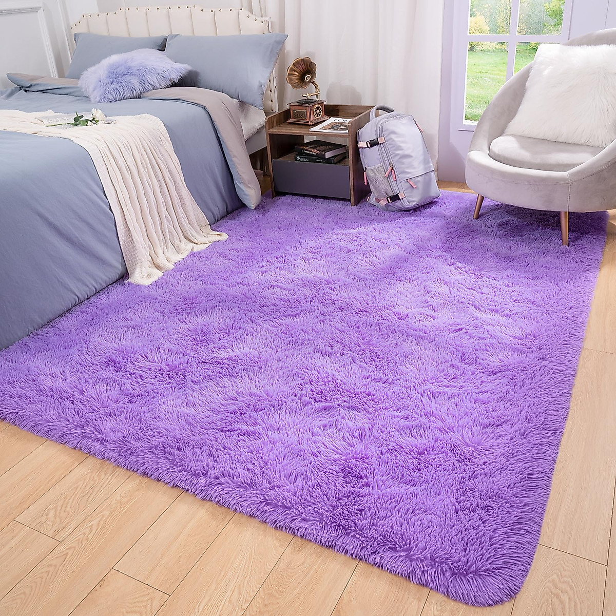 Softlife Ultra Soft Fluffy Area Rugs for Bedroom, Girls and Boys Room Kids Room Nursery Rug, 4 x 5.3 Feet Shaggy Fur Indoor Plush Modern Floor Carpet for Living Room Christmas Decor, Purple