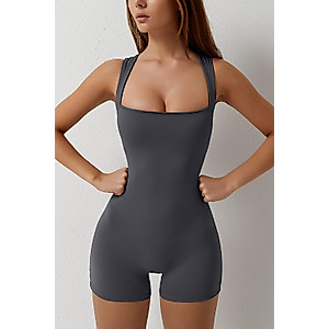 QINSEN Womens Strappy Square Neck Tank Tummy Control Stretch Short Jumpsuit Outfits Grey S