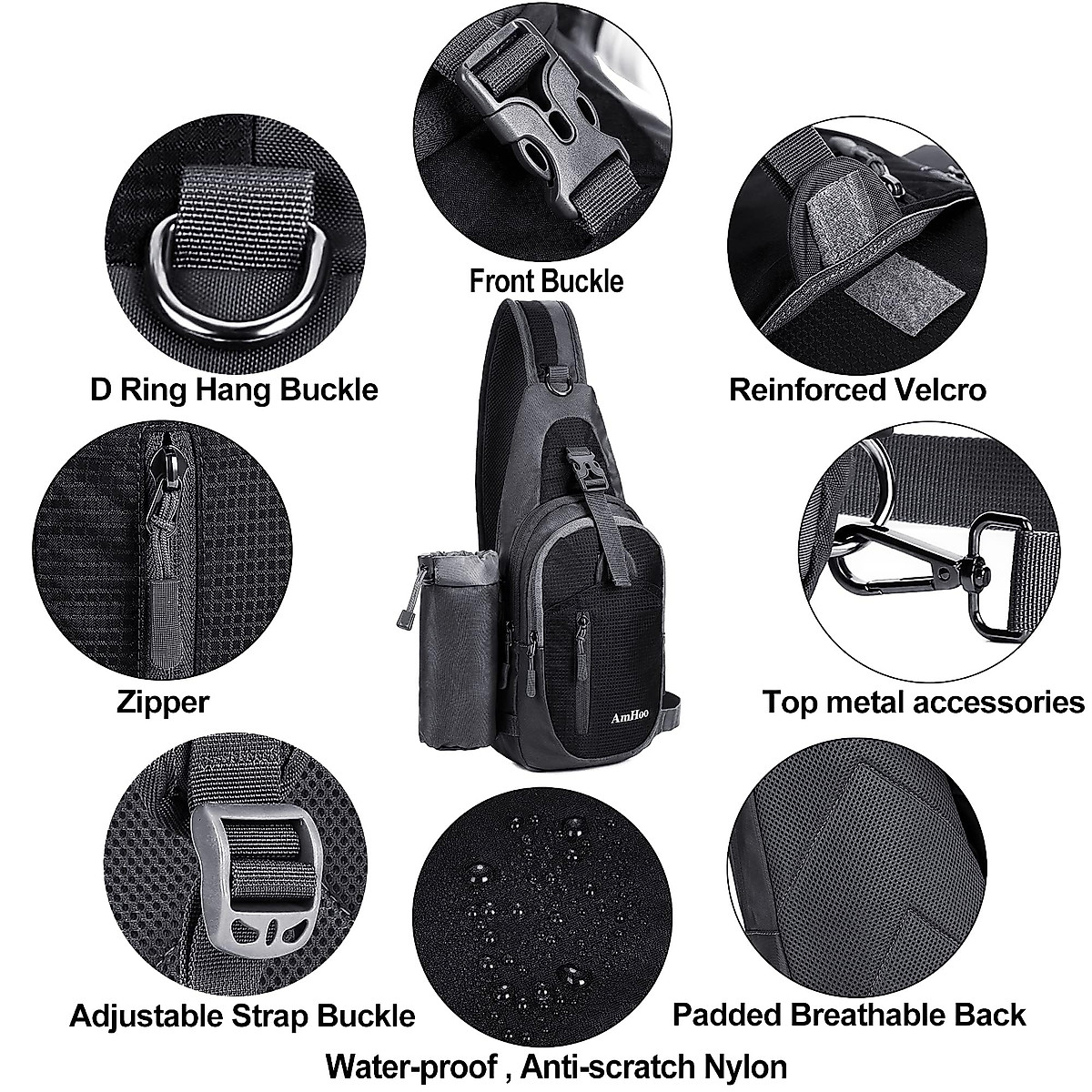 AmHoo Sling Backpack Chest Shoudler Crossbody Bag Water Resistant Hiking Daypack Small Black