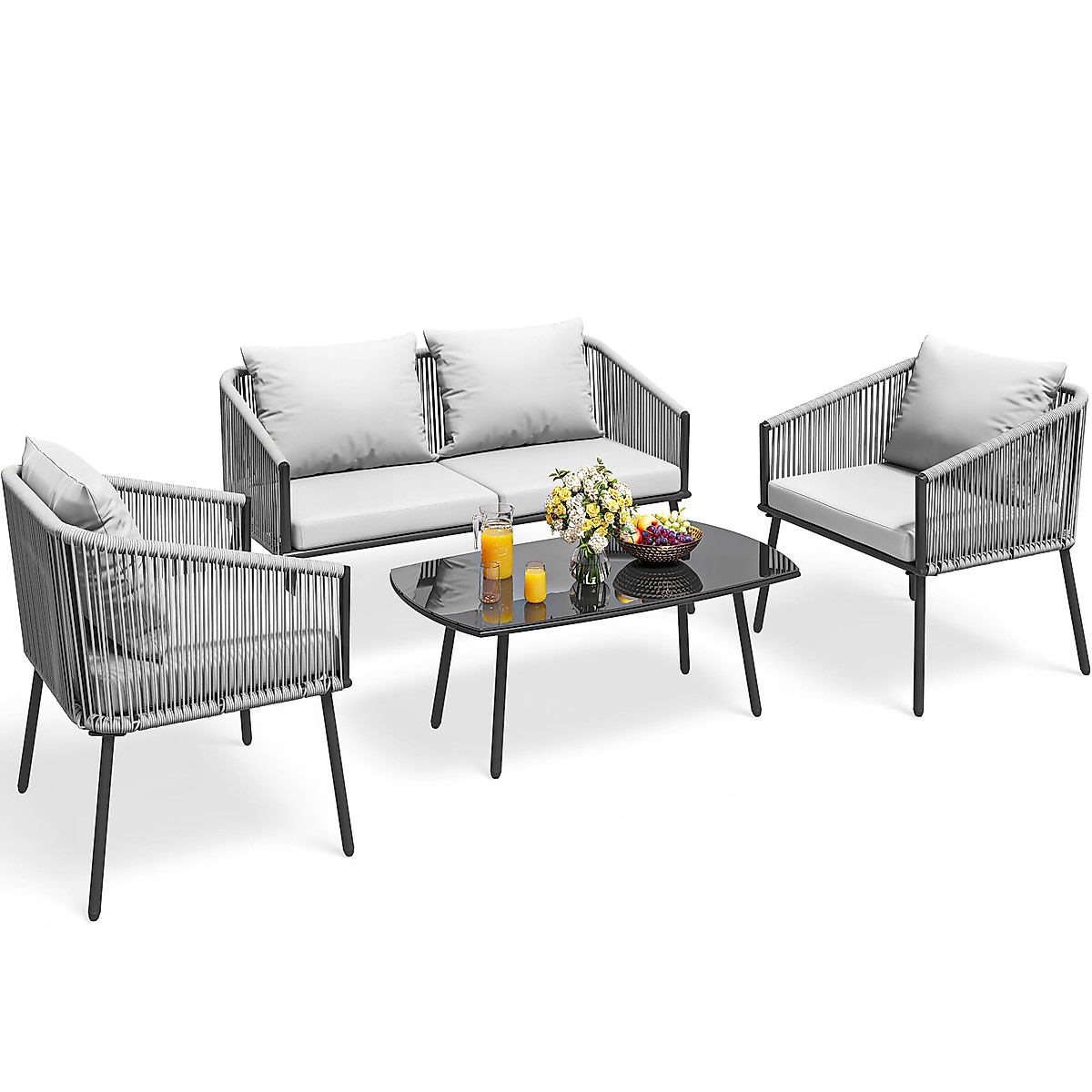 YITAHOME 4-Piece Patio Furniture Outdoor Bistro Set, All Weather Double Gray Rope Conversation Loveseat for Backyard, Balcony, Deck with Soft Cushions and Metal Table (Gray)