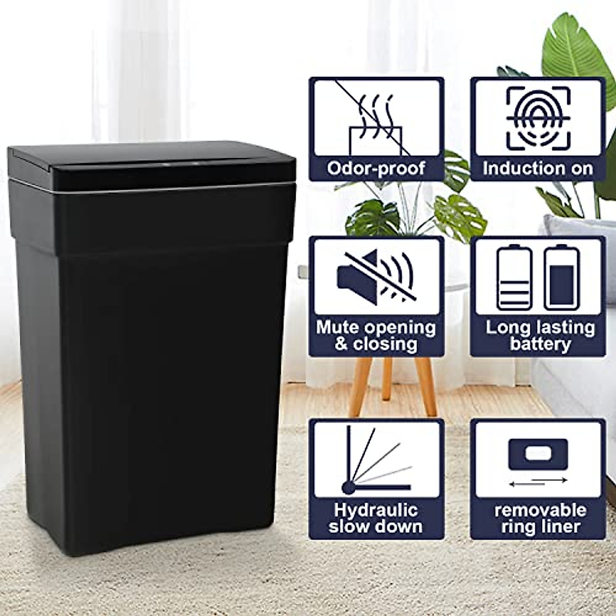 Bigacc 13 Gallon Touch Free Automatic Trash Can High Capacity with Lid for Kitchen Living Room Office Bathroom 50L Electronic Touchless Motion Sensor Automatic Trash Can-Black