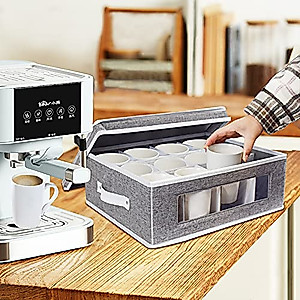 homyfort Mug Storage Box, China Storage Containers Organizer Hard Shell with Dividers for 12 Coffee Mugs, Tea Cup, Moving & Packing (Grey)