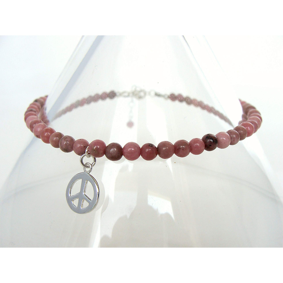 Peace charm anklet, dusty pink rhodonite stones sterling silver, adjustable length 9-10 inches, handmade by Let Loose Jewelry