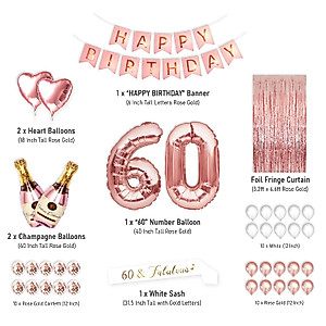 PartyForever 60th Birthday Decorations for Women Rose Gold Supplies Big Set Including Birthday Banner with 60 and Fabulous Sash for Her Sixty Bday Theme Party Decor