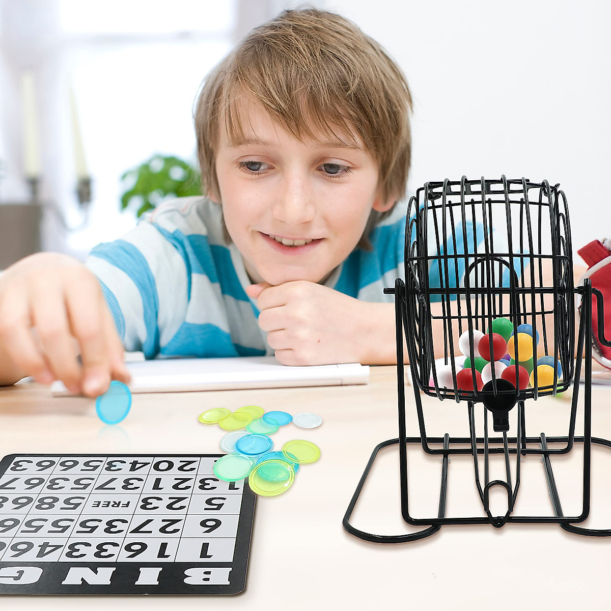 WIn SPORTS Bingo Game Set,8 Inch Metal Cage with Master Board,75 Multicolored Balls,150 Bingo Chips and 18 Bingo Cards, Ideal for Large Group Casino Game Set