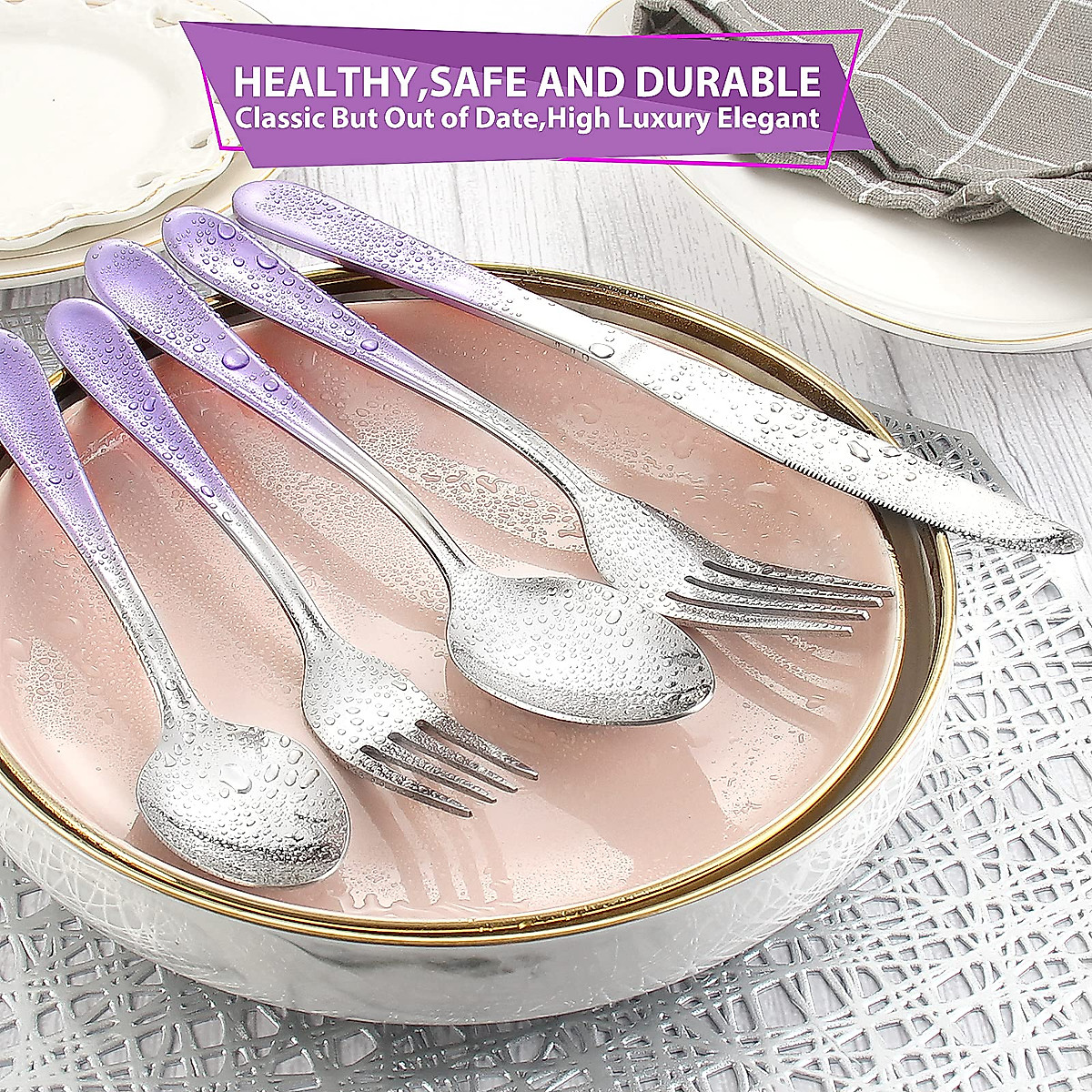 Gradient Purple Silverware,Stainless Steel Flatware Set,20 Piece Tableware Cutlery Set,Mirror Polished Utensils Sets for Kitchen,Reusable Dinnerware Set Service for 4,Dishwasher Safe