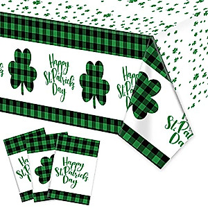 Whaline 3Pcs St. Patrick's Day Disposable Tablecloth Green Black Buffalo Plaid Shamrock Pattern Rectangle Plastic Table Cover Irish Holiday Table Cloth for Picnic Dinner Table Decor, 54 x 108 Inch