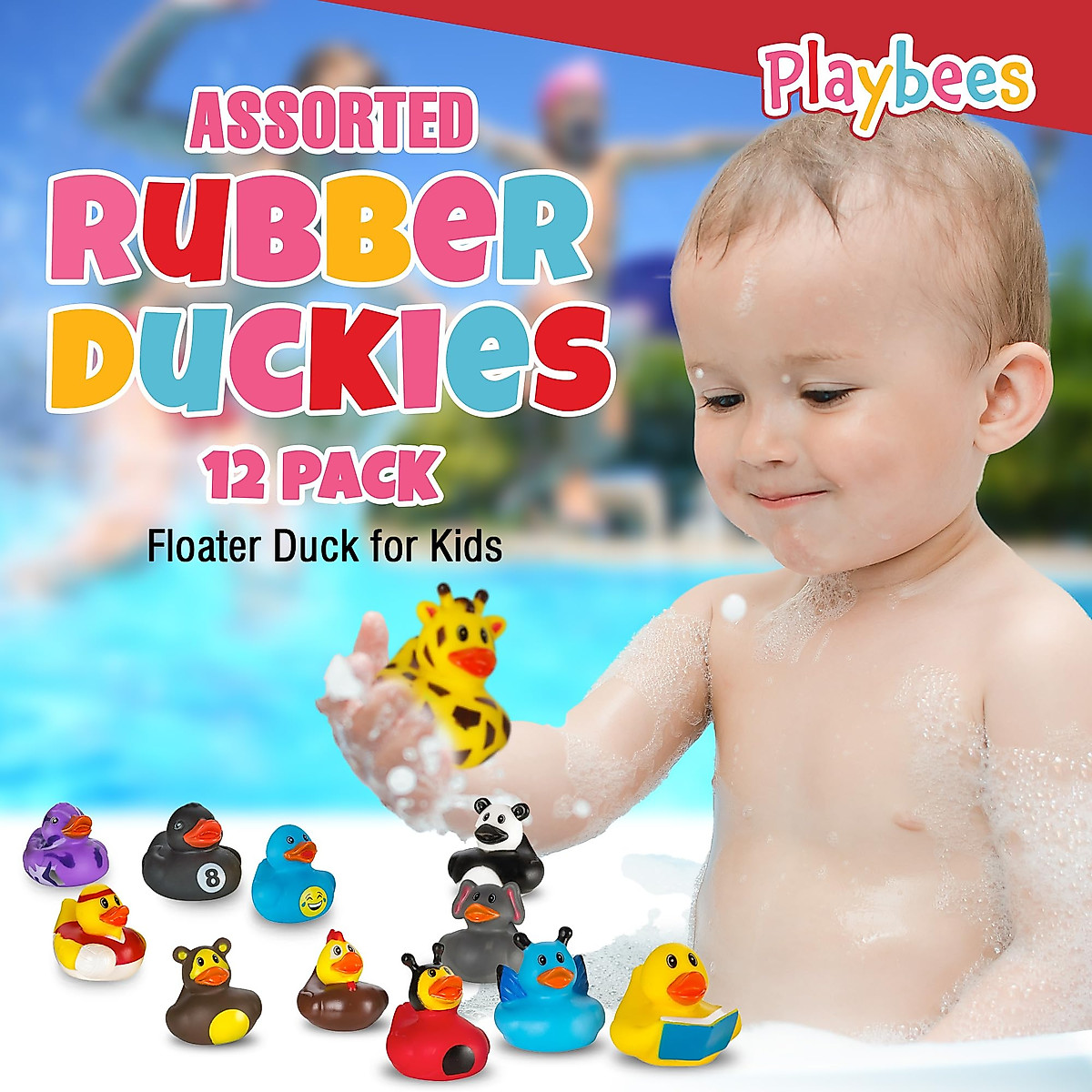 Playbees Rubber Ducks in Bulk 12 Pack Assortment Duckies Kids Baby Bath Shower Toys Jeep Ducking Floater Summer Beach Pool Activity Baby Showers Accessories Classroom Incentives