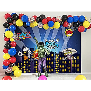 Superhero Cityscape Theme Backdrop Night Scene Comics Style Building Photography Background Baby Shower Boy Girl Kids Birthday Party Decoration Studio Shoot Prop 7x5FT