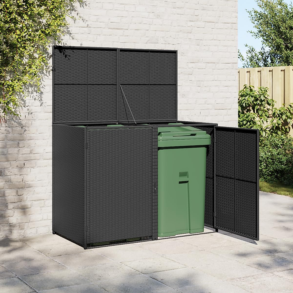 vidaXL Double Wheelie Bin Shed with Lid and Lockable Doors, Outdoor Garbage Bin Storage Shed, Weather-Resistant Sturdy Construction, Poly Rattan 31.5"x58.3"x43.7" Black