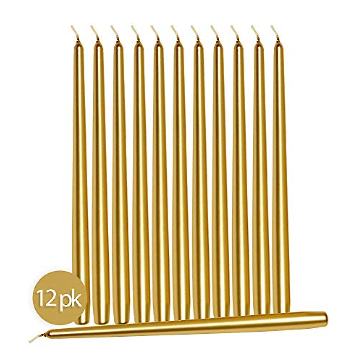 12 Pack Tall Metallic Taper Candles - 10 Inch Gold Painted Metallic, Dripless, Unscented Dinner Candle - Paraffin Wax with Cotton Wicks - Individually Wrapped