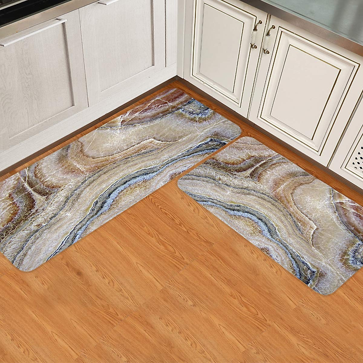 Homeown Marble Absorbent Kitchen Rug Set 2 Piece, Non Slip Cushioned Washable Floor Mat, Brown Comfort Carpet for Laundry Bathroom Living Room 15.7x23.6in+15.7x47.2in Granite, 20210605-ZSC-235CC