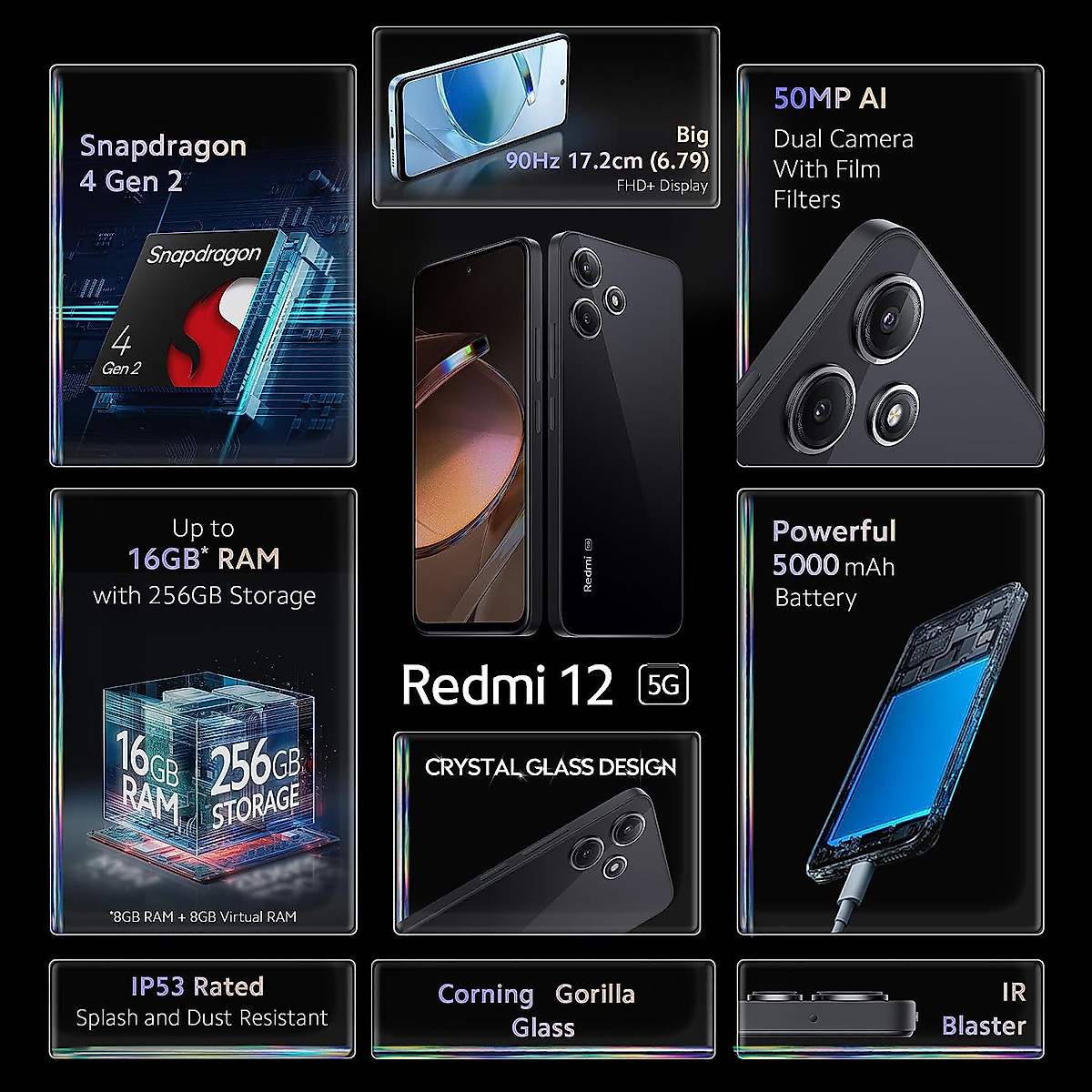 Xiaomi Redmi 12 5G | Unlocked Dual-SIM Android Smart Phone | 90Hz 6.79" FHD+ Display | 50MP Al Dual Camera | 5000 mAh Battery | Snapdragon 4 Gen 2 with 5G | Midnight Black