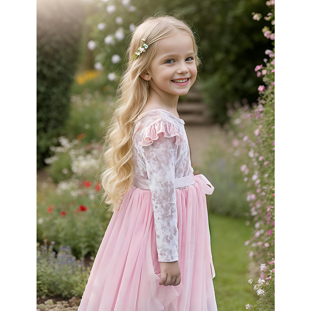 Flofallzique Girls Tutu Dress Long Sleeves Toddler Velvet Tulle Dresses for Birthday Party (2, Dusty Pink)