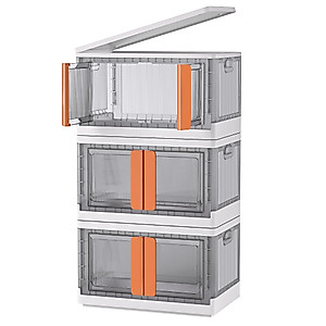 Foluck Storage Bins with Lids 34 Qt, 3 Pack Plastic Storage Bins with Door and Wheels, Closet Organizer, Stackable Storage Container Box, Organizers and Storage for Clothes, Foods