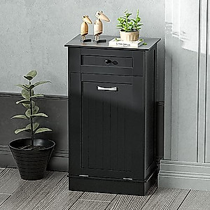 Visionwards Tilt Out Trash Cabinet Bin, Wooden, Dog Proof Garbage Can Holder, Kitchen Island with Laundry Hamper, Black