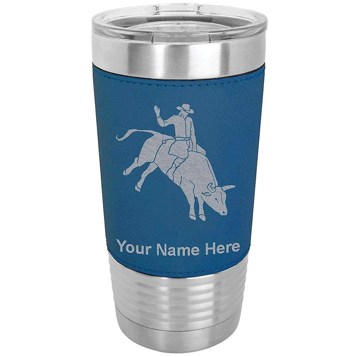 LaserGram 20oz Vacuum Insulated Tumbler Mug, Bull Rider Cowboy, Personalized Engraving Included (Faux Leather, Blue)